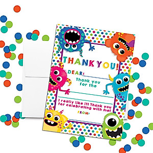 Cute & Colorful Monsters Thank You Notes for Kids, Ten 4" x 5.5" Fill In The Blank Cards with 10 White Envelopes by AmandaCreation