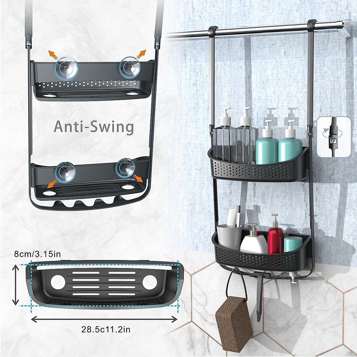 EMT ETRENDS Shower Caddy Hanging, Anti-Swing Over Head Shower Caddy Rustproof, Over the Door, Plastic Bathroom Organizer, Multiple Hanging Modes Shelf with Hooks and Suction Cups, Matte Grey
