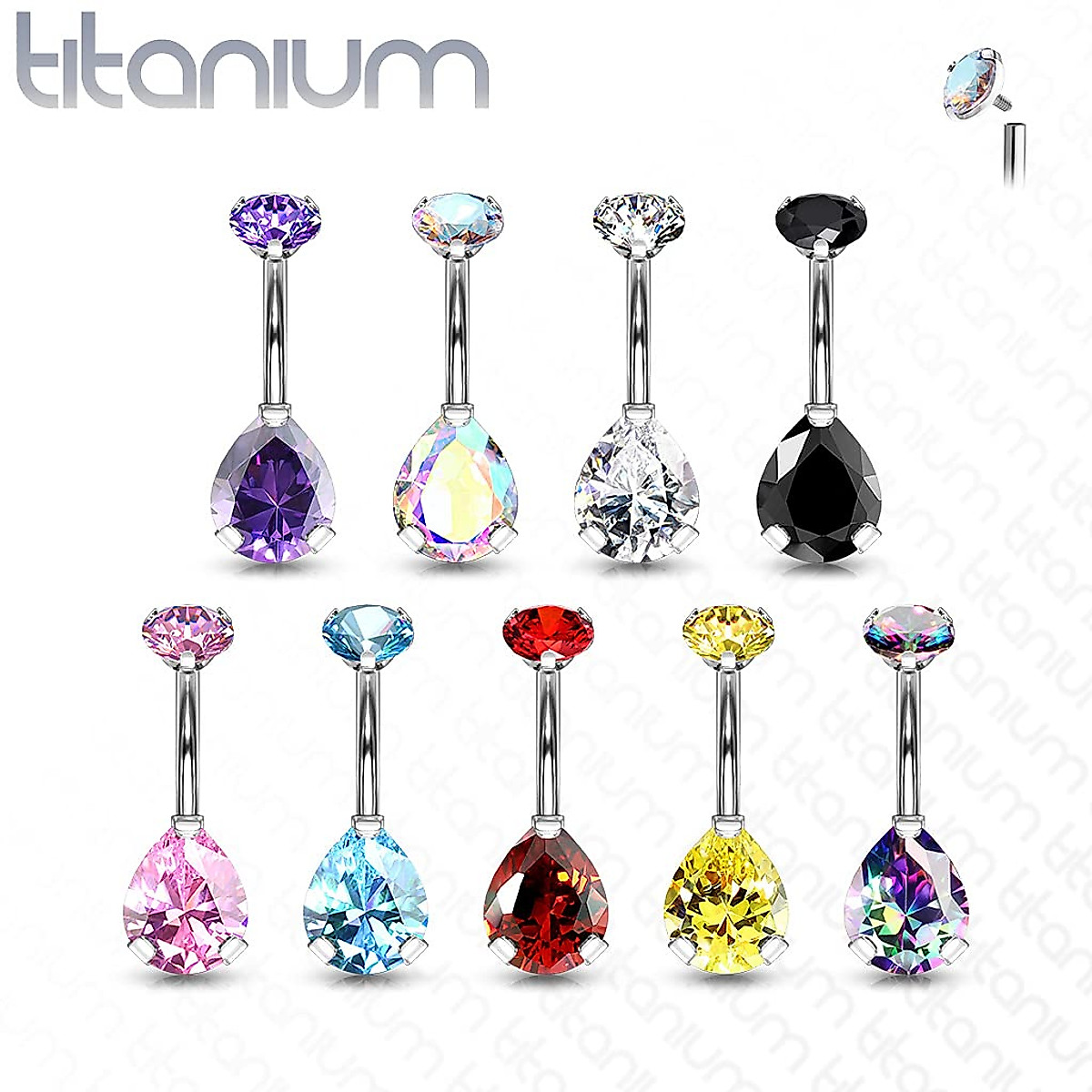 Dynamique Implant Grade Titanium Internally Threaded Top Prong Set Pear CZ Belly Button Rings (Sold Per Piece)
