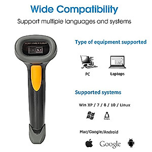 1D CCD 2.4G Wireless Bar Code Scanner Versatile 2 in 1 (Wireless+USB Wired), UNIDEEPLY Automatic Barcode Reader Scanner 196 Feet Indoor Transmission Distance, Scanning Gun for PC Computers, Black