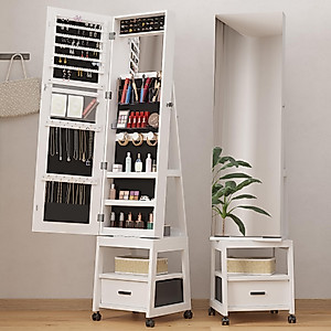 IDEALHOUSE 360° Swivel Jewelry Cabinet with Large Storage Capacity, Rotatable Full Length Mirror with Jewelry Storage, Lockable Floor Standing Jewelry Armoire Organizer with Drawer and Wheels, White