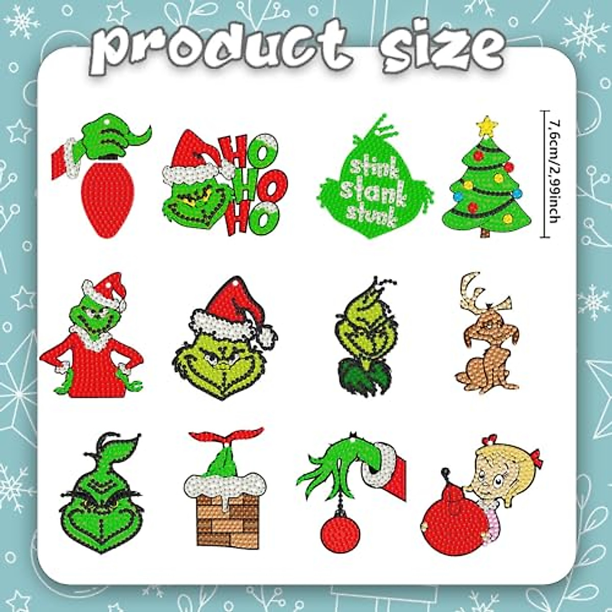 12 Pcs Christmas Diamond Art Painting Keychains Kit Double Sided DIY Cute Christmas Diamond Art Painting Keychains for Beginners Adults Art Craft Supplies Christmas Holiday Gift