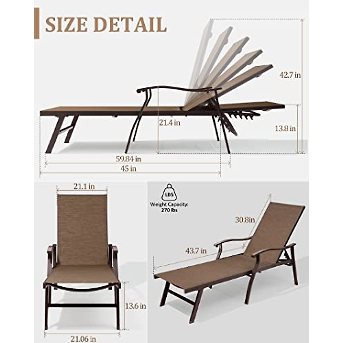 VredHom Outdoor Chaise Lounge Chair, Patio Chaise 5 Position Adjustable Backrest Recliner Ergonomic Armrest All Weather Textiline Aluminum Reclining Chairs for Patio, Beach, Yard, Pool，Brown