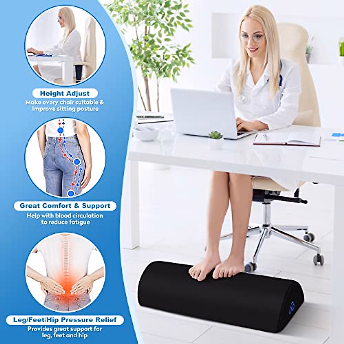 StepLively Foot Rest for Under Desk at Work-Ergonomic Design Foot Stool for Fatigue&Pain Relief with Memory Foam,Non Slip Bead,Washable Cover-Under Desk Footrest for Office,Home,Gaming(Black-Long)