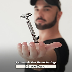 ROCKWELL RAZORS 6C White Chrome Safety Razor With 6 Adjustable Shave Settings and 5 Fully Recyclable Razor Blades Reusable Safety Razors for Men and Women