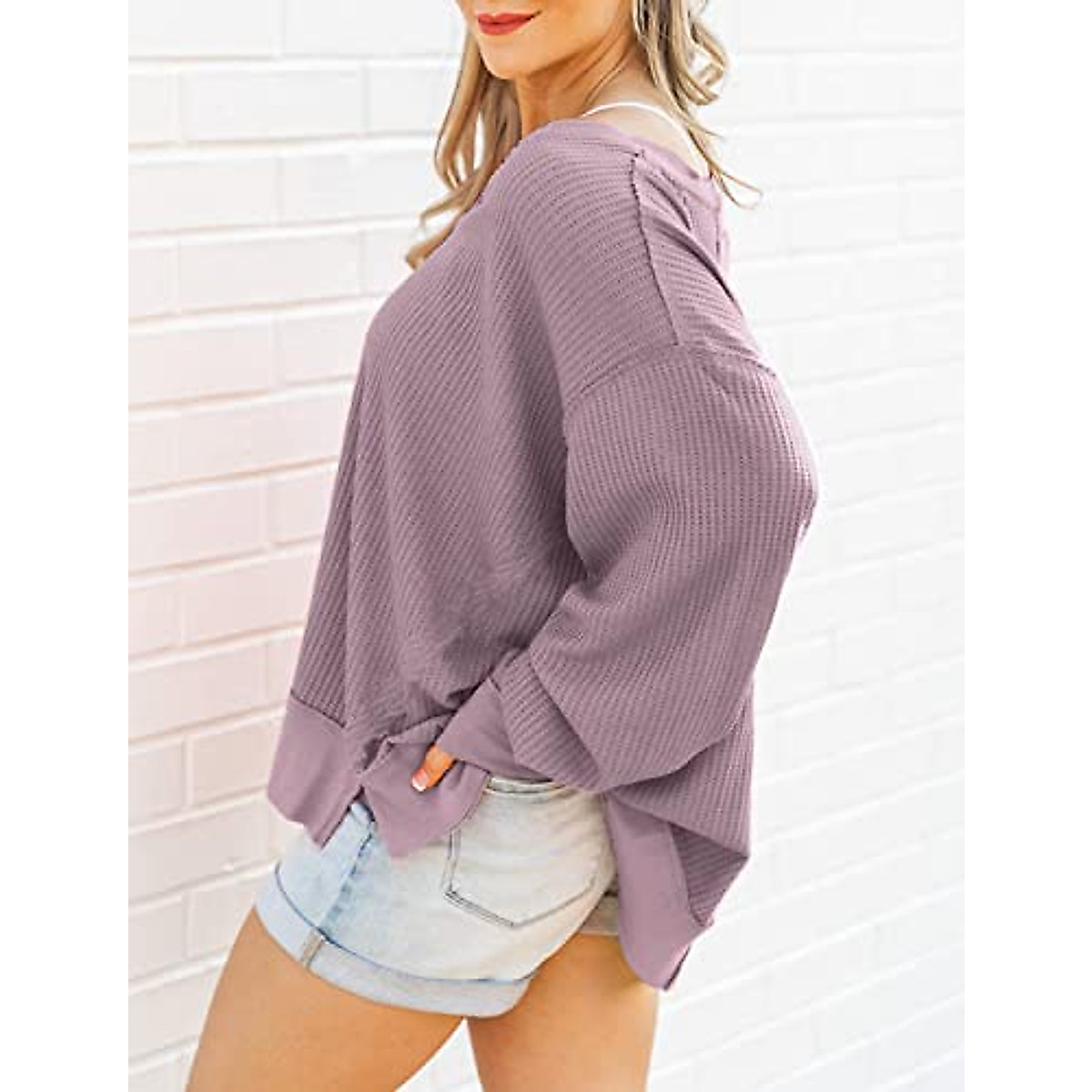 ASTANFY Womens Long Sleeve Sweatshirts Waffle Knit Shirts V Neck Solid Color Pullover Casual Loose Fit Tunic Tops Purple