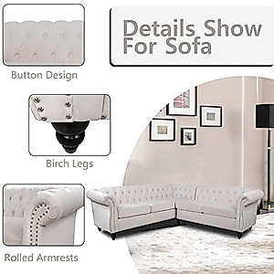 RARZOE Chesterfield L Shaped Sectional Sofa Couch, Deep Button Tufted Velvet Upholstered Rolled Arm Classic Chesterfield Settee Sofa, Modern 5 Seater Couch Furniture for Living Room, White