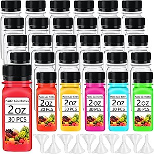Haawooky 30PCS 2oz Small Plastic Shot Bottles with Caps,Reusable Clear Juice Containers,Empty Plastic Containers with 10 Funnels for Ginger Shots,Liquids,Beverages