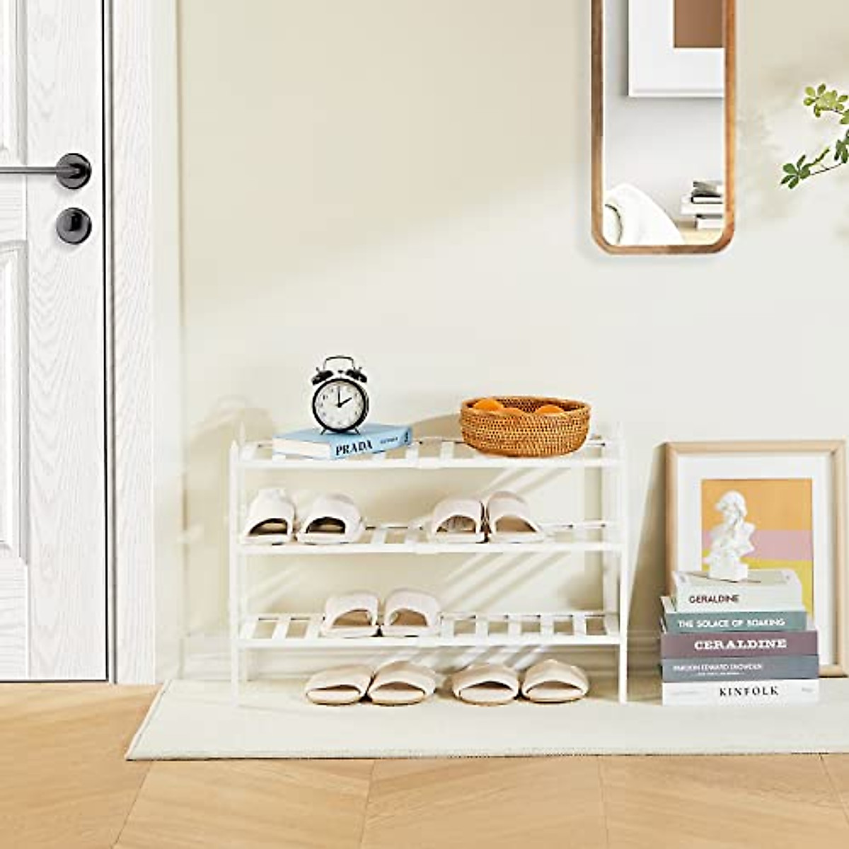 quiseolu White Shoe Rack for Closet Entryway 3 Tier Bamboo Shoe Rack Free Standing Shoe Organizer for Small Space Samll White Shoe Shelf Stackable Shoe Storage D11 * W27.2 * H18.3 Inches
