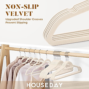 HOUSE DAY Velvet Hangers with Tie Bar 20 Pack Ivory, Clothes Hangers Non-Slip, Space Saving Felt Hangers for Pants, Coat, Suits, Shirt, Scarf, No Hanger Marks