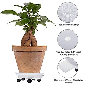 Finderomend Pair of 17.7" Extra-Large Plant Caddies, Plant Stand with 5 Wheels, Round Flower Pot Mover Plant Saucer Pot with Water Container,Rolling Dolly Garden Large Rolling Tray (White)
