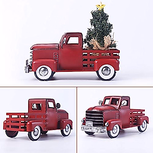 Pylemon Vintage Red Truck Christmas Decor with a Lit-up Removable Christmas Tree Wrapped Around by LED Lights String, Farmhouse Metal Pickup Truck Decor, Great Gift for Holiday Decorations