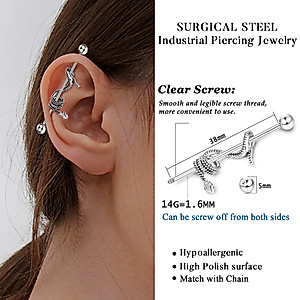 ZELORES 14G Industrial Piercing Jewelry Stainless Steel Industrial Earring for Women Men Snake Chain Dangle Cartilage Helix Piercing Jewelry Industrial Piercing Bar 38MM (Set1)