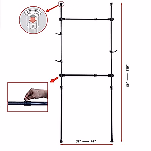 Free Standing Closet, Double Adjustable Heavy Duty Clothing Racks for Hanging Clothes, Closet Organizer System Standing Clothes Rack with Telescopic Clothing Rod fit for Clothes Storage. (Black)