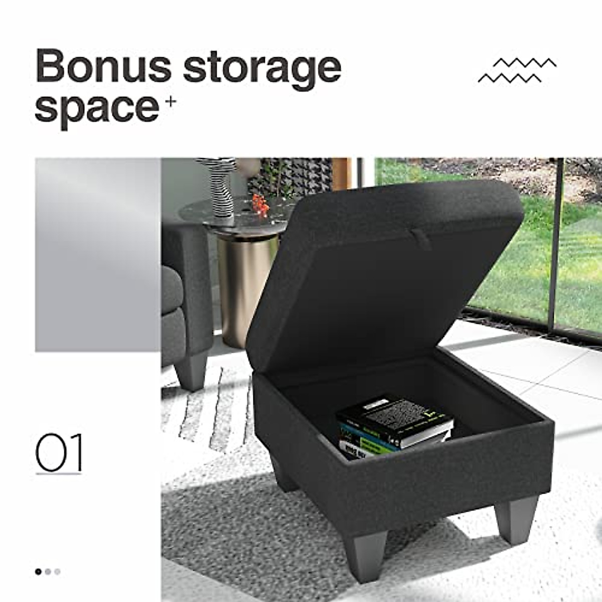 Sunrise Coast Sectional L-Shaped Sofa Modern Linen Fabric 3-Seat Couch with Convertible Storage Ottoman Dark Grey Living Room Furniture Set for Apartment Loft Small Spaces