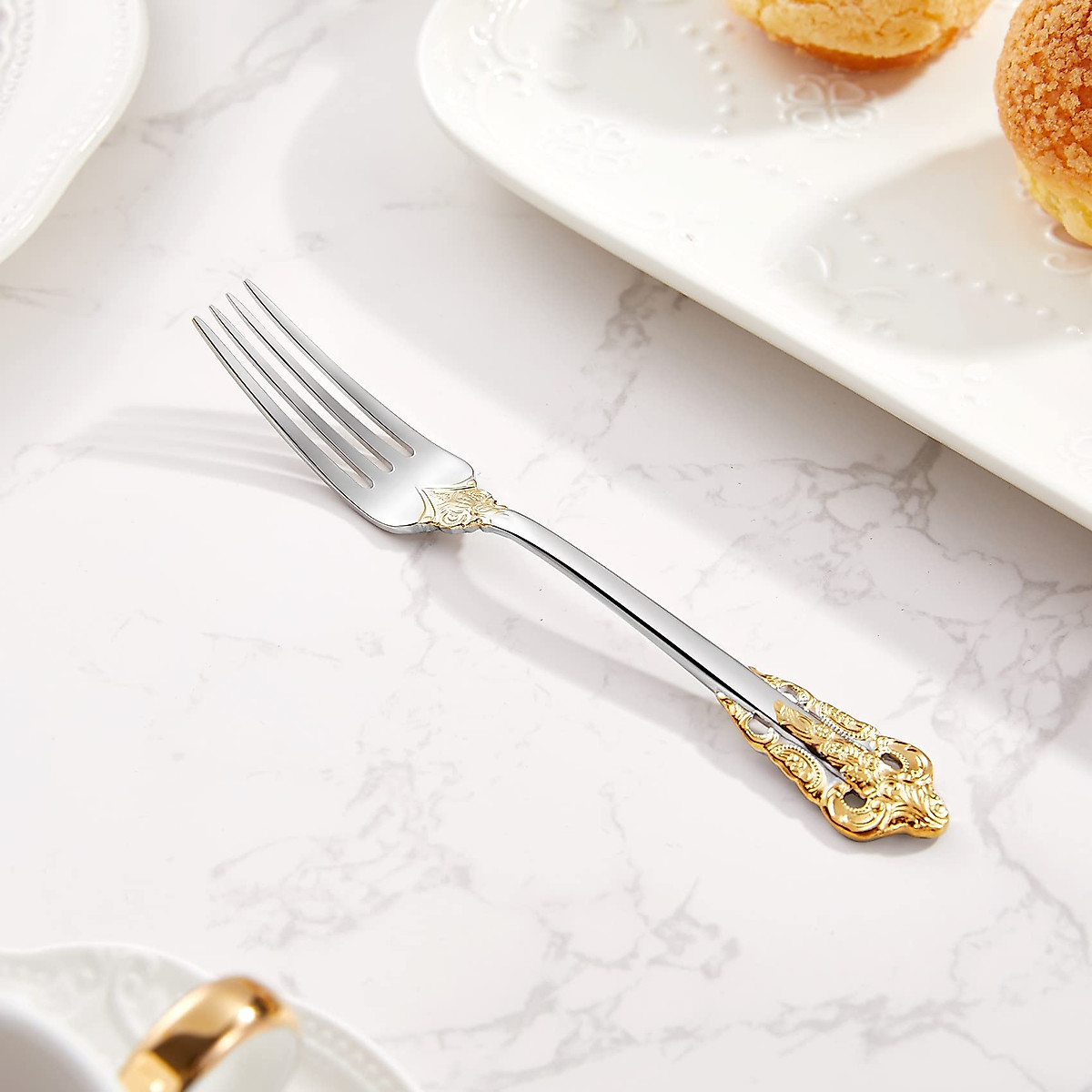 KEAWELL Luxury 5.9" Appetizer Forks, 18/10 Stainless Steel, Set of 4, Gorgeous Cocktail Forks/Dessert Forks (Gold Accent)