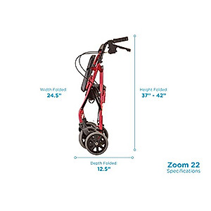 NOVA Zoom Rollator Walker with 22” Seat Height, Rolling Walker with Locking Hand Brakes, Padded Seat and 8” Wheels, Color Red