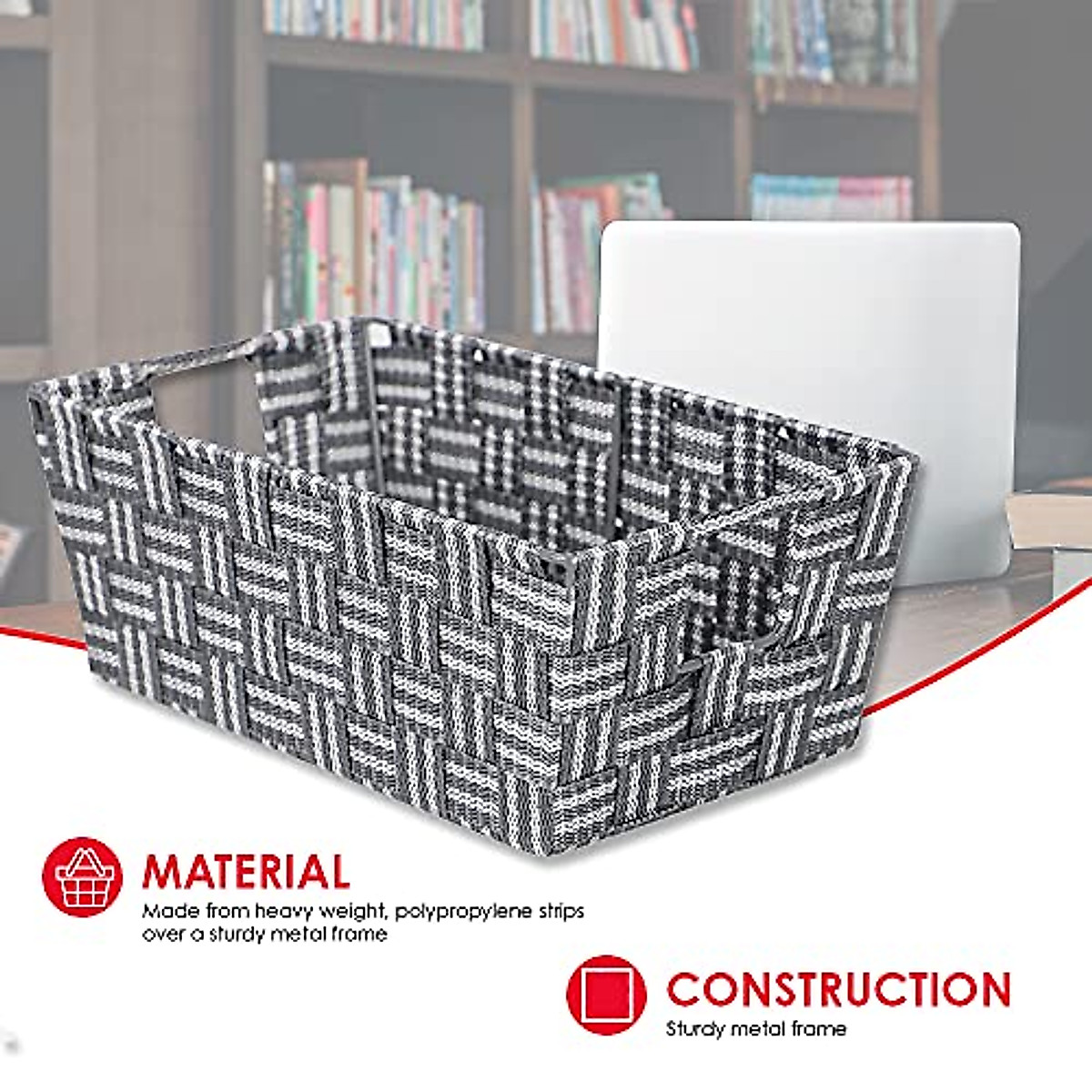 Home Basics Stripe Woven Strap Storage Bin | Various Black | Blue | Brown | Grey | Great for Storage | Metal Frame | Lightweight with Handles | Sturdy Construction (Grey, Small)