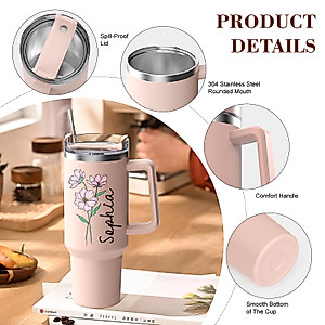 UNIGIFTIME Customized 40oz Tumbler with Handle and Straw, Personalized Stainless Steel Insulated Tumbler with Birth Flower and Name, Personalized Birthday Gifts for Women and Men, Mother's Day Gift