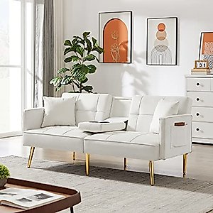 Woanke Convertible Sleeper wit Armrests Modern Velvet Sofa Bed for Living Room Office Folding Recliner Futon Couch with Metal Legs, Cream White