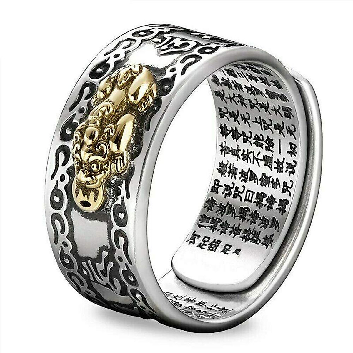 Adjustable FENG Shui PIXIU MANI Mantra Protection Wealth Ring