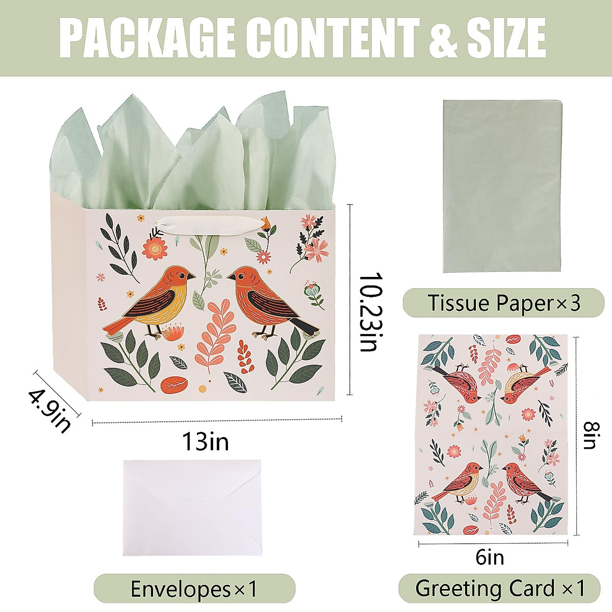 13" Large Gift Bag with Card and Tissue Paper Perfect for Baby Shower Birthday Bridal Showers Anniversary Graduations Party