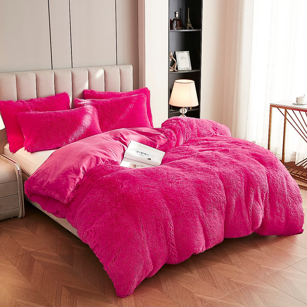 Uhamho Faux Fur Velvet Fluffy Bedding Duvet Cover Set Down Comforter Quilt Cover with Pillow Shams, Ultra Soft Warm (Queen, Hot Pink)