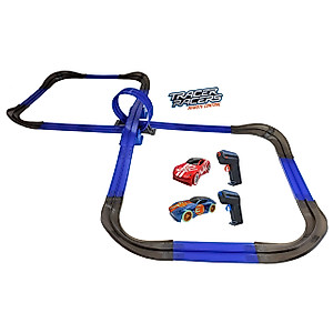 Tracer Racers Remote Control Cordless Glow in The Dark High-Speed Super 8 Speedway Track Set with Two Cars for Dual Racing, Glow Blue