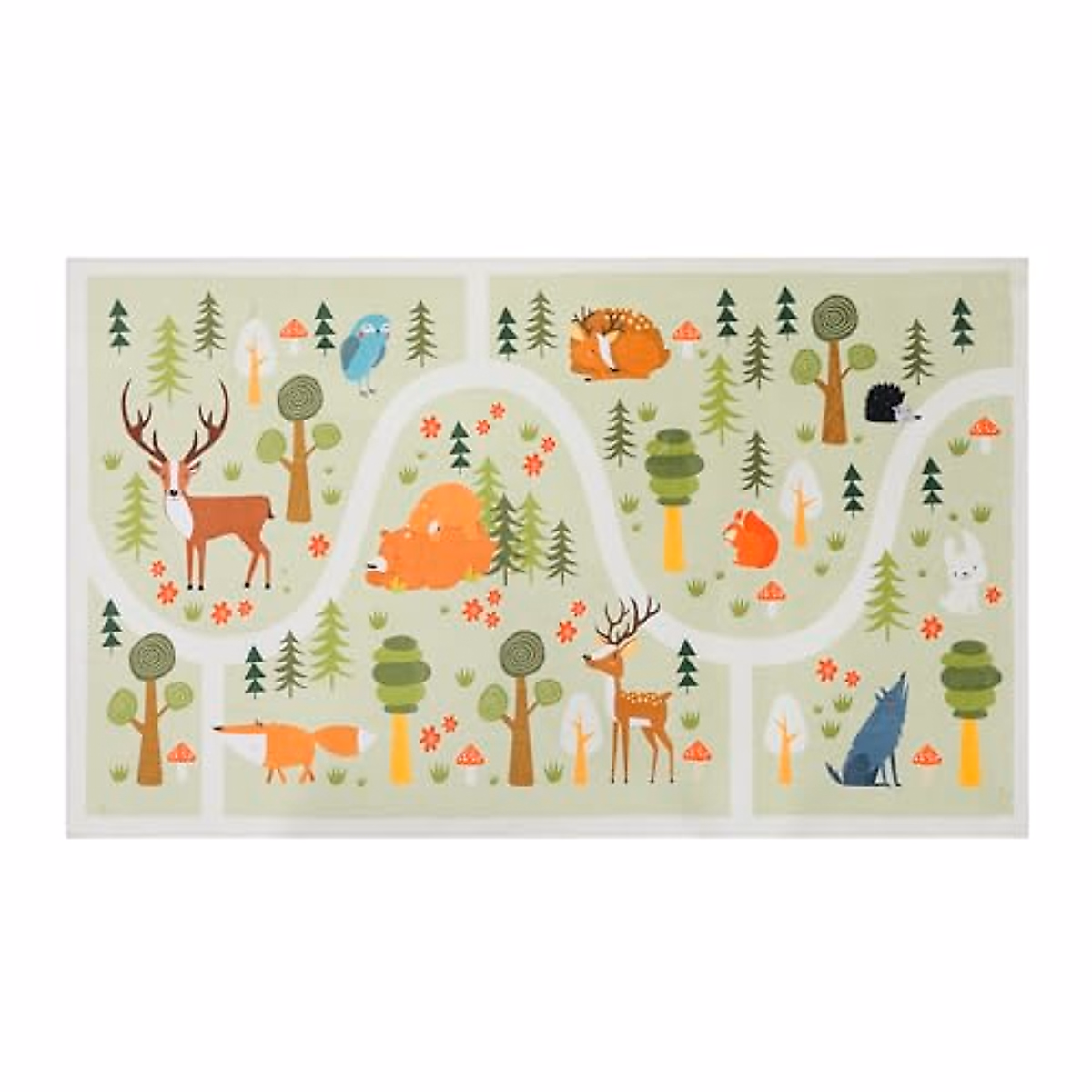 Kids Area Rug Jungle Animal Road Play Mat, with Bears Deer Fox Trees Educational Learning Game Non Slip Carpet, for Bedrooms Playroom Living Room Classroom, 3x5