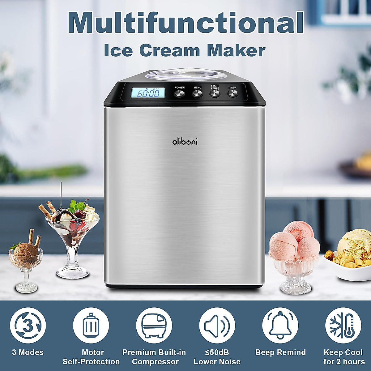 2.6 Qt Ice Cream Maker with Compressor, LCD Digital Display & Timer, No Pre-freezing, Countertop Gelato Makers, Automatic Ice Cream Machine for Homemade Use, Stainless Steel