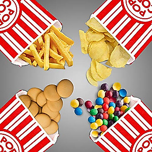 [300 Pack] Popcorn Bags 1 oz - Small Disposable Paper Popcorn Container, Red and Kraft Striped Leak Proof Flat Bottom for Movie Night Snacks, Concessions, Birthday Party, Circus Carnival Decorations