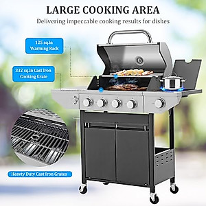 Unovivy 4-Burner Propane Gas BBQ Grill with Side Burner & Porcelain-Enameled Cast Iron Grates Built-in Thermometer, 47,000 BTU Outdoor Cooking, Patio, Garden Barbecue Grill, Black and Silver