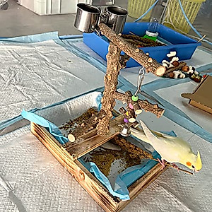 LIMIO Natural Wood Bird Toys Playground, Bird Cage Accessories, Bird Perches, with Removable Tray and 2 Stainless Steel Cups