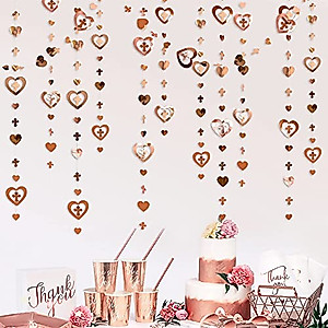40 Ft Rose Gold Cross Heart Garlands 3D Hanging Paper Streamer for First Holy Communion Religious Christian Baptism Wedding Bridal Baby Shower Birthday Anniversary Engagement Party Decoration Supplies