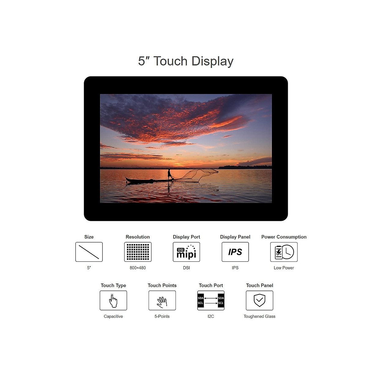 5inch IPS Touch Screen Display for Raspberry Pi, DSI Interface, 800×480 Resolution, Capacitive Touch Panel, Supports Raspberry Pi OS/Ubuntu/Kali / WIN10 IoT and Retropie, up to 5-Points Touch