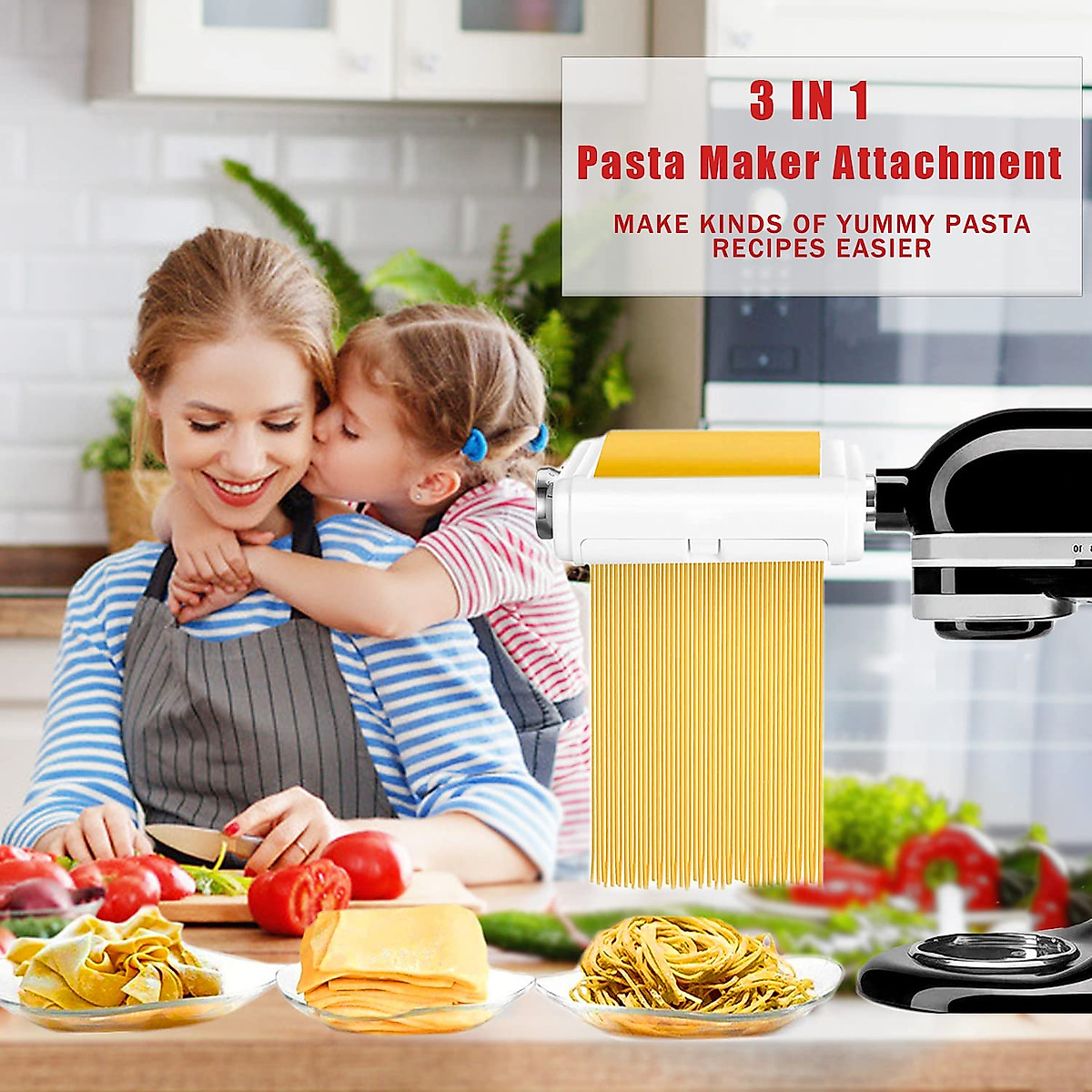 Pasta Maker Attachment for Kitchenaid/Cuisinart Stand Mixers, FDA Certified Noodle Maker- Pasta Roller Fettuccine Spaghetti Cutter 3 in 1, Pasta Roller and Cutter Set with Cleaning Brush