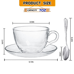 GURUDAR Glass Teacup and Saucer Set, 6 Pack Coffee Mug with Stainless Steel Spoon Suitable for Espresso Juice Cappuccino and More Beverage, 7OZ/210ML, Clear