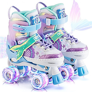 NEMONE Mermaid 4 Size Adjustable Light up Roller Skates for Girls, Blue Purple Skates for Toddlers, Beginner Kids Roller Skates Indoor Outdoor (Blue M)