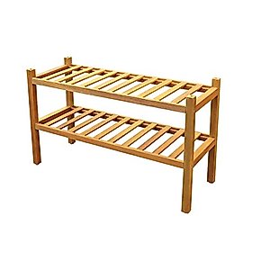 INTERBUILD Acacia Solid Wood Shoe Storage Organizer 2-Tier Stackable Shoe Rack, Golden Teak