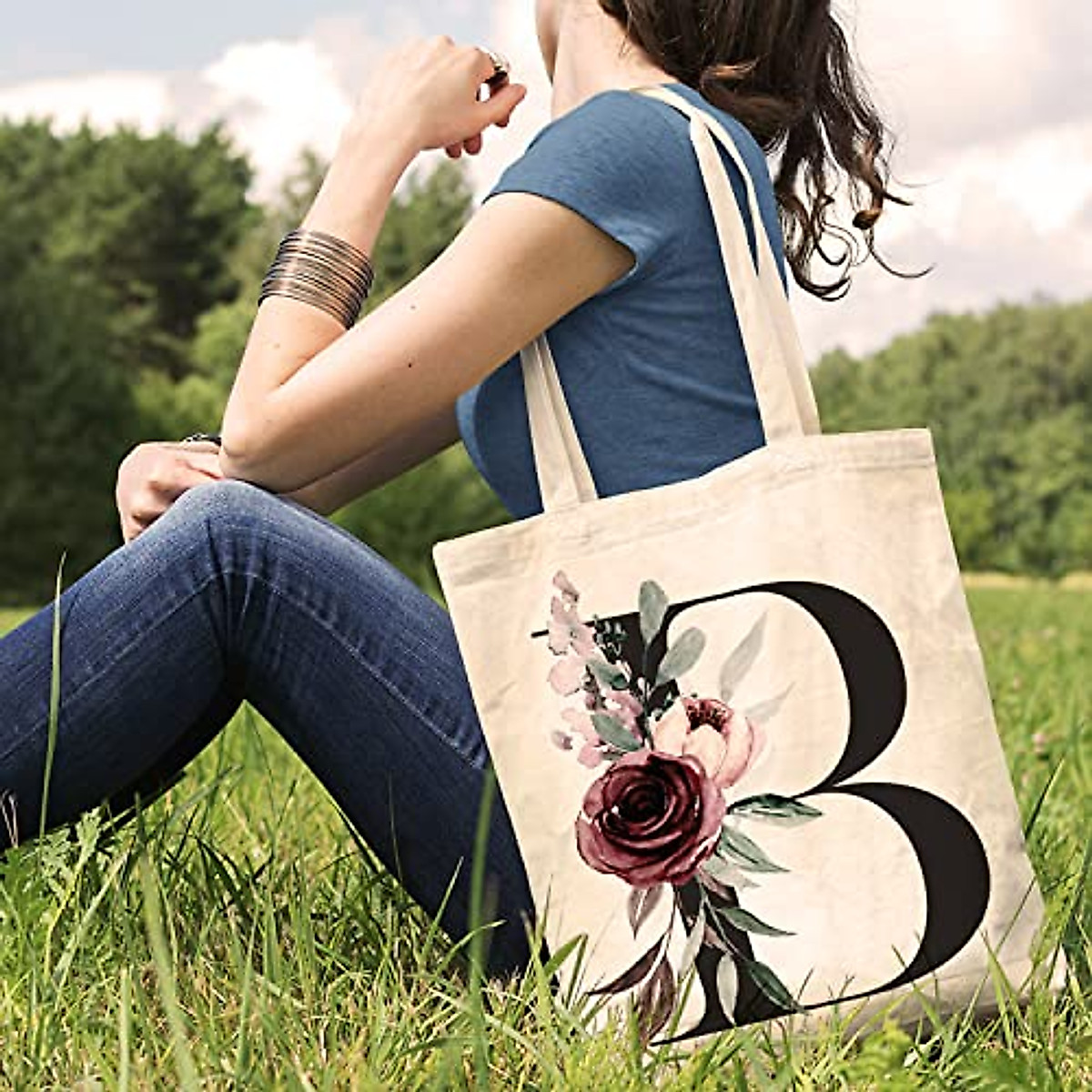 Floral Canvas Bags Gifts for Bridesmaid - Initial Tote Wedding Bag for Bridal Shower - Engagement Shoulder Totes Bags for Women - Bachelorette Party Gift for Girl - 15"x16" Large Bag C2 (Initial #M)