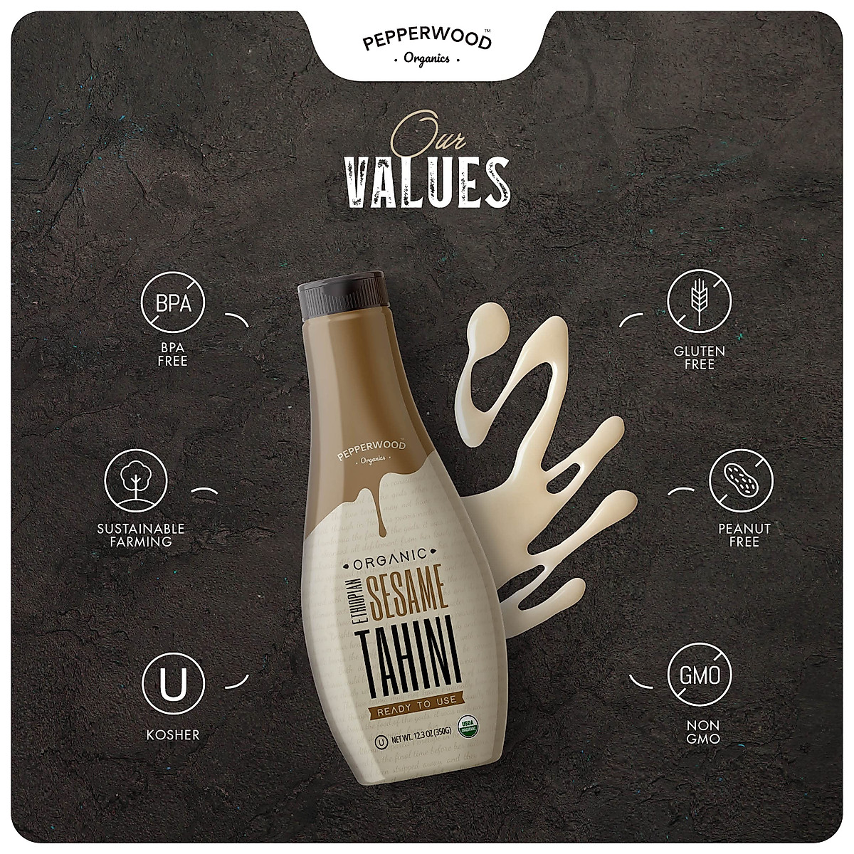 Organic Ethiopian Sesame Tahini - Squeezable Creamy & Ready Tahini Paste 12.3 Ounce (2-Pack) - Hulled, Unsalted, Non-GMO, Gluten-Free, Peanut-Free, by Pepperwood Organics