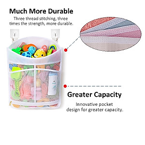 Ligereza Mesh Bath Toy Organizer, Various Hanging Ways, Large Capacity Large Opening, YKK Zipper, 4 Super Hooks, with Two Compartment Pockets, Baby Bathtub Toy Storage Bag (Large White)