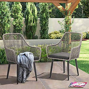 JOIVI Outdoor Patio Dining Chairs Set of 2, Woven Rattan Chairs with Armrest & Cushions Kitchen Wicker Dining Chairs with Iron Frame, Outdoor Seating for Outside, Lawn, Garden, Backyard, Indoor, Gray