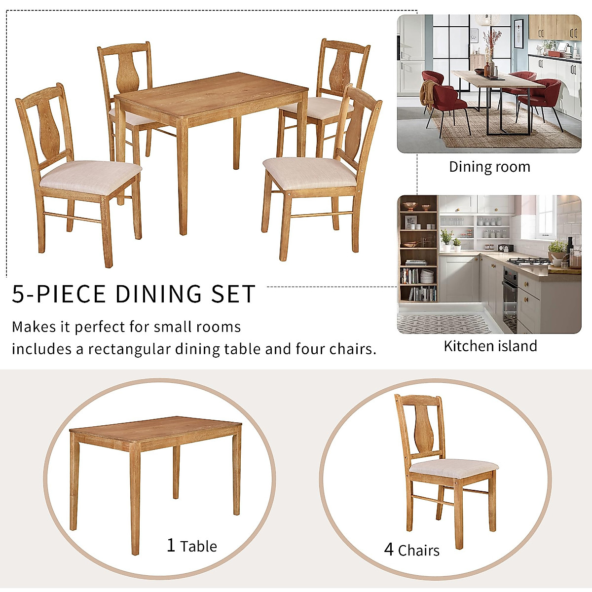 Retro 5-Piece Kitchen Dining Table Set, Wooden Rectangular Dining Table and 4 Upholstered Chairs, Solid Wood Family Breakfast Dining Set for 4 Persons, Kitchen Dining Room Furniture (Natural-A8)