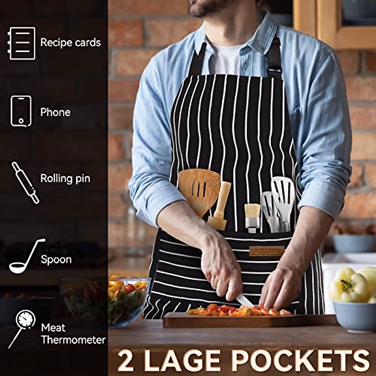 Riqiaqia 2 Pack Kitchen Cooking Aprons, Soft Cotton Apron with 2 Pockets for Women Men Chef (Black Stripes,2)
