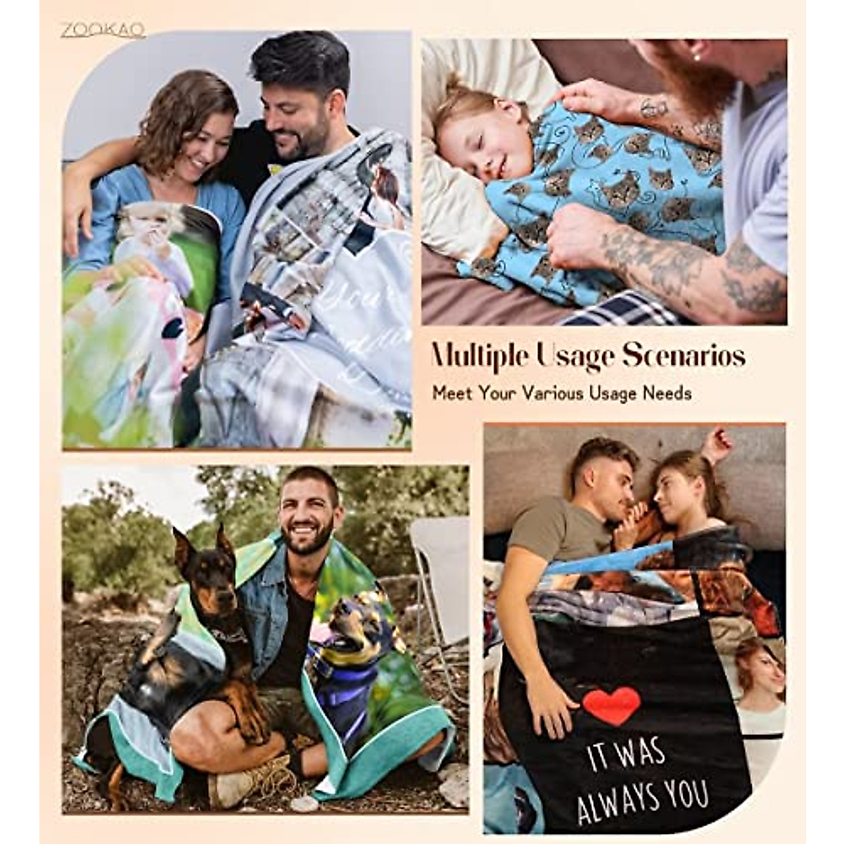 Zookao Custom Blankets with Photos and Text, Made in USA Personalized Picture Blanket Memorial Throw Blanket for Couples, Personalized Gifts for Anniversary Valentine's Day(30"x40")