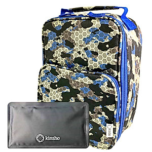 Bundle of Camo Lunch-Box for Boys 4 Compartments (Blue Camouflage) + Camo Lunch Box for Boys Kids Men with Ice Pack (Blue Black Camouflage)