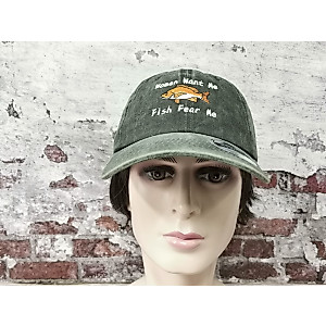 Hepandy Women Want Me Fish Fear Me Embroidered Washed Army Green Baseball Caps for Men, Embroidery Snapback Trucker Hat Adjustable Dad Hats Unisex