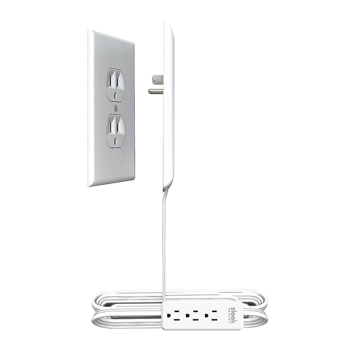 Sleek Socket - The Original & Patented Ultra-Thin Outlet Concealer with Cord Concealer Kit, 3 Outlet Power Strip, 8-Foot Cord, Universal Size, UL Certified (Ideal for Livingrooms & Bedrooms)