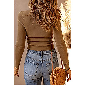 PRETTYGARDEN Women's Long Sleeve Cropped Sweaters Cross V Neck Pullover Ribbed Knit Slim Fitted Asymmetrical Tops Khaki